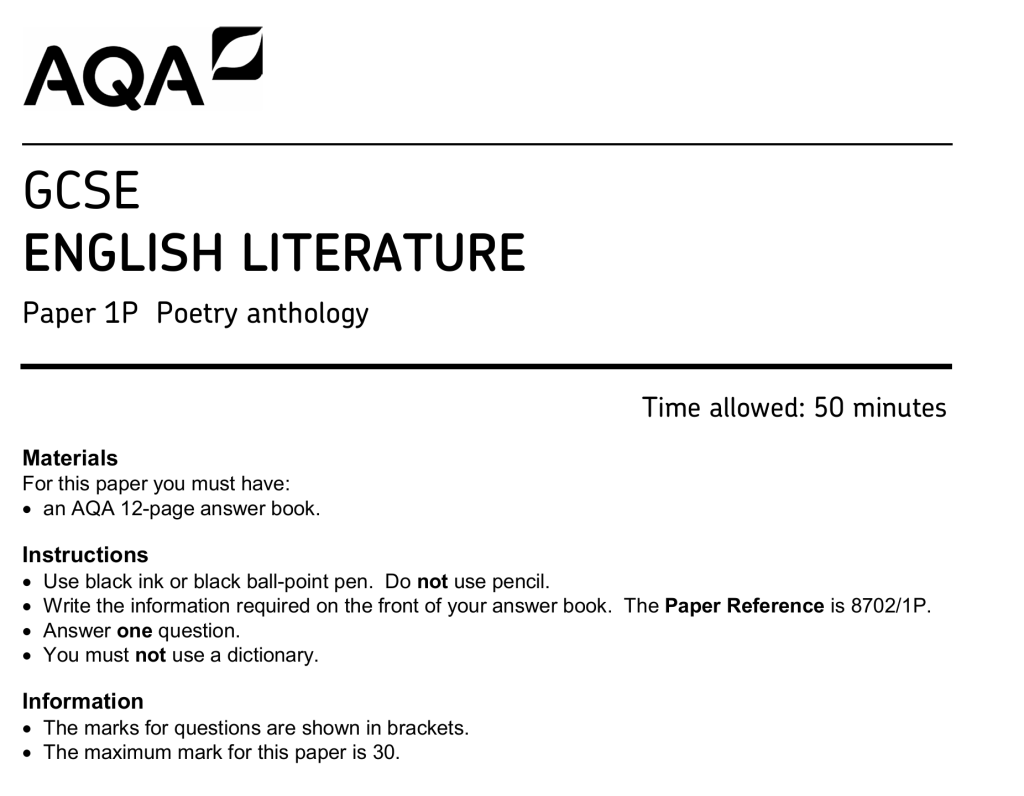 AQA GCSE English Lit Paper 1: Poetry anthology (June 2021)